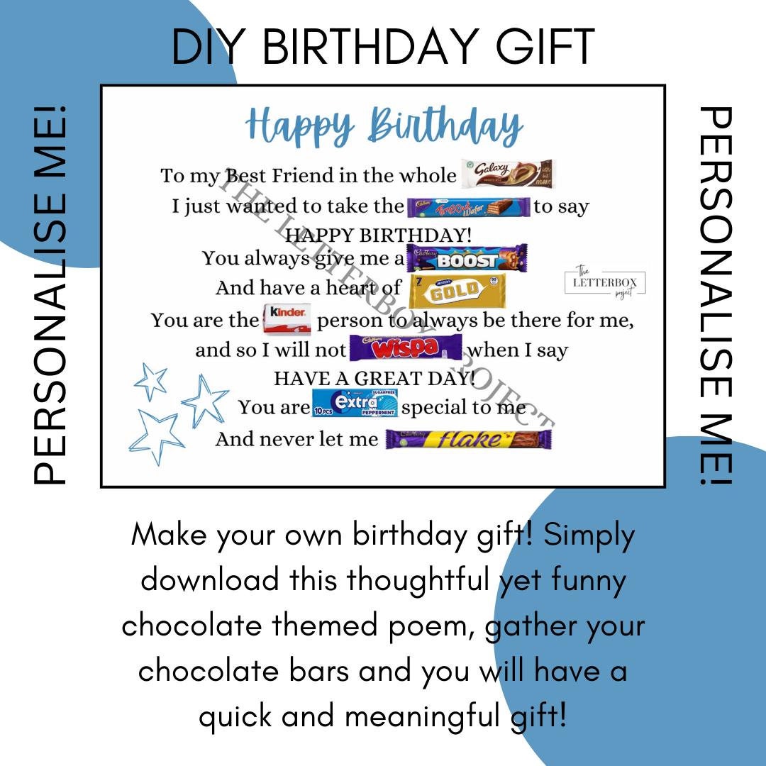 DIGITAL Happy Birthday Best Friend Chocolate Poem DIY Gift | Birthday ...