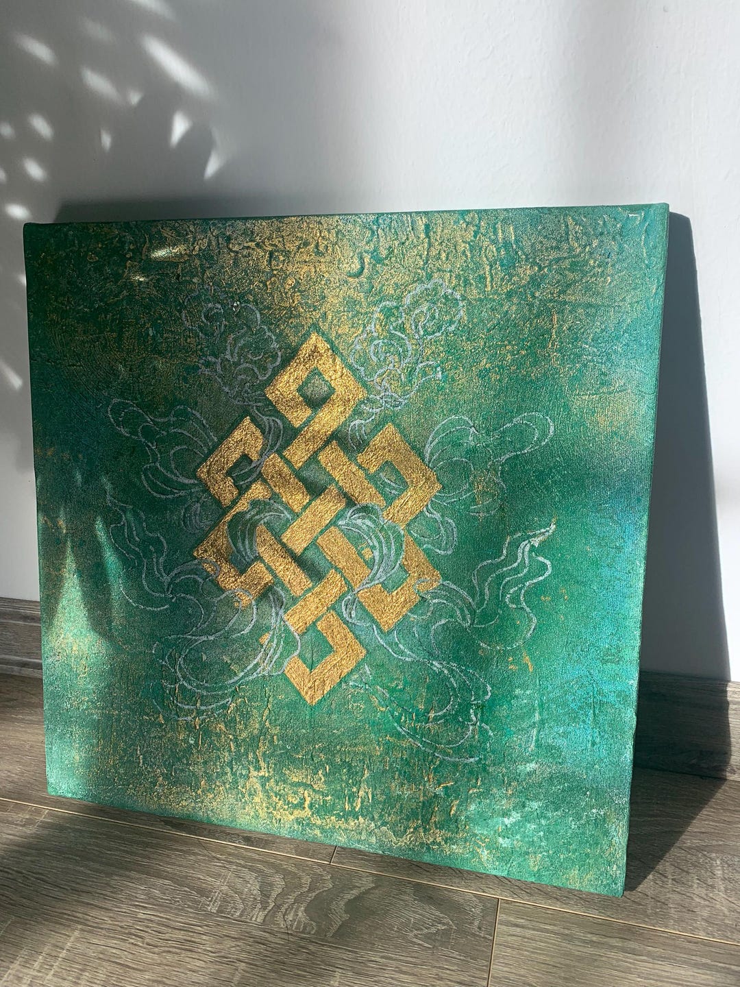 Buddhist Infinity Symbol Painting Emerald Green & Gold , Spiritual Wall ...