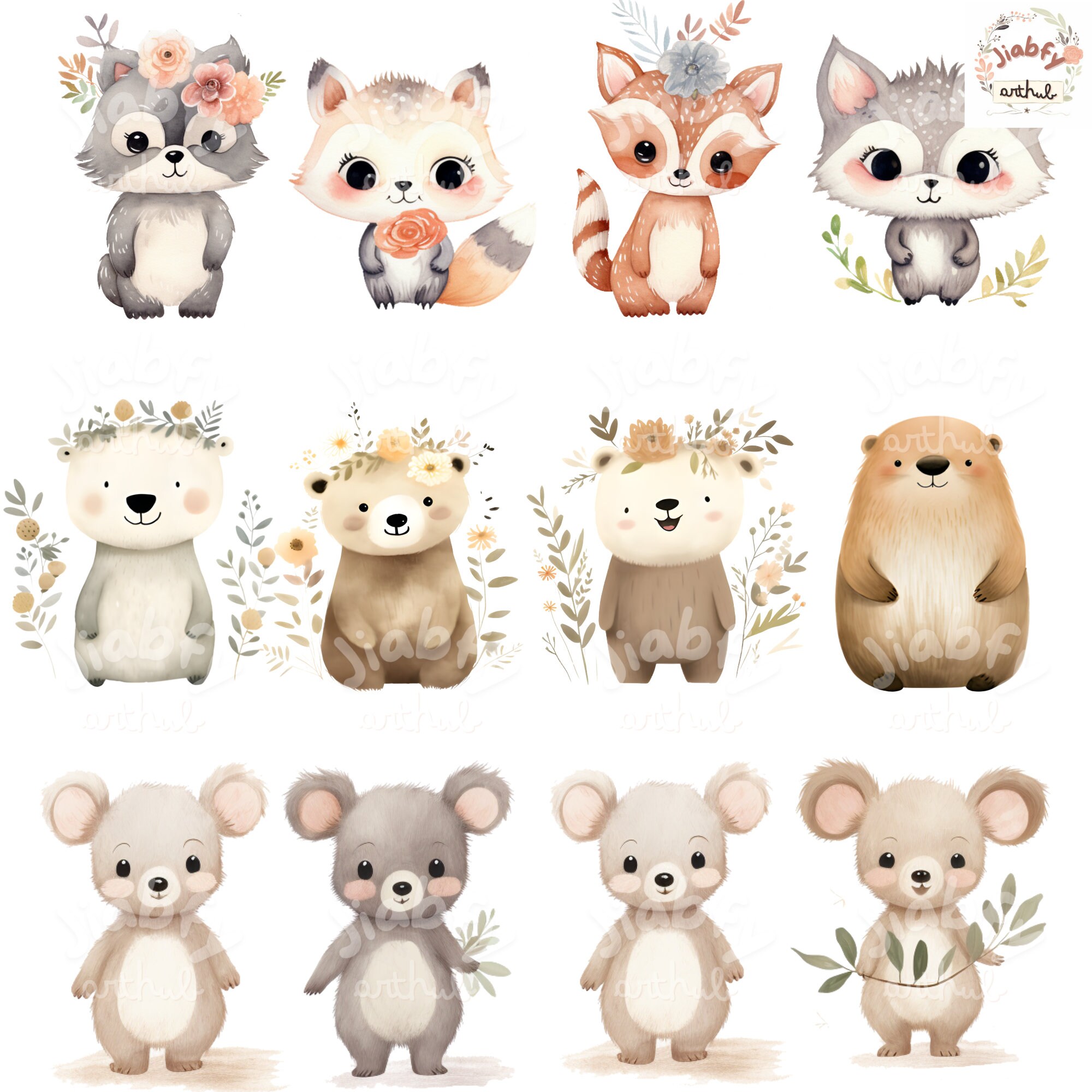 Cute Boho Woodland Animals PNG Clipart Watercolor Bundle, Transparent ...