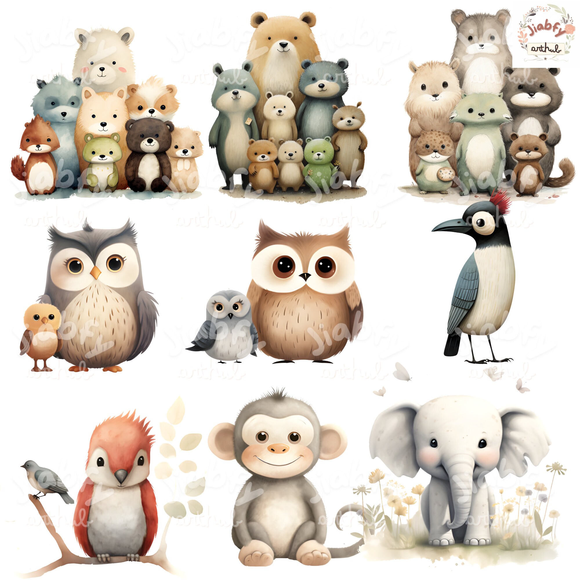 Cute Boho Woodland Animals PNG Clipart Watercolor Bundle, Transparent ...