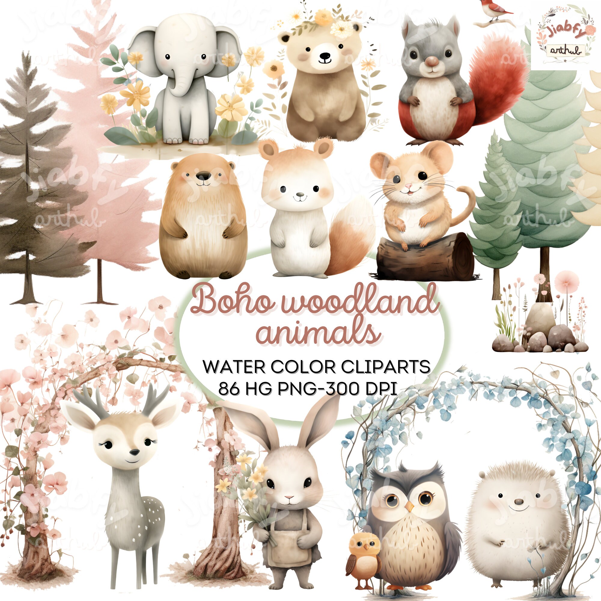 Cute Boho Woodland Animals PNG Clipart Watercolor Bundle, Transparent ...