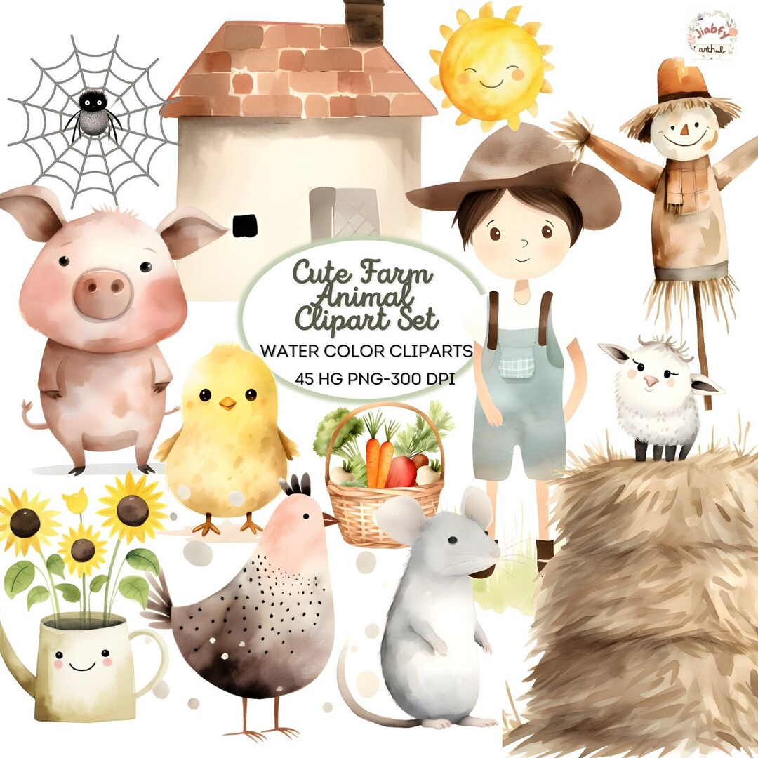 Cute Farm Animal Clipart Set Little Farm Animals PNG Watercolor Farm ...