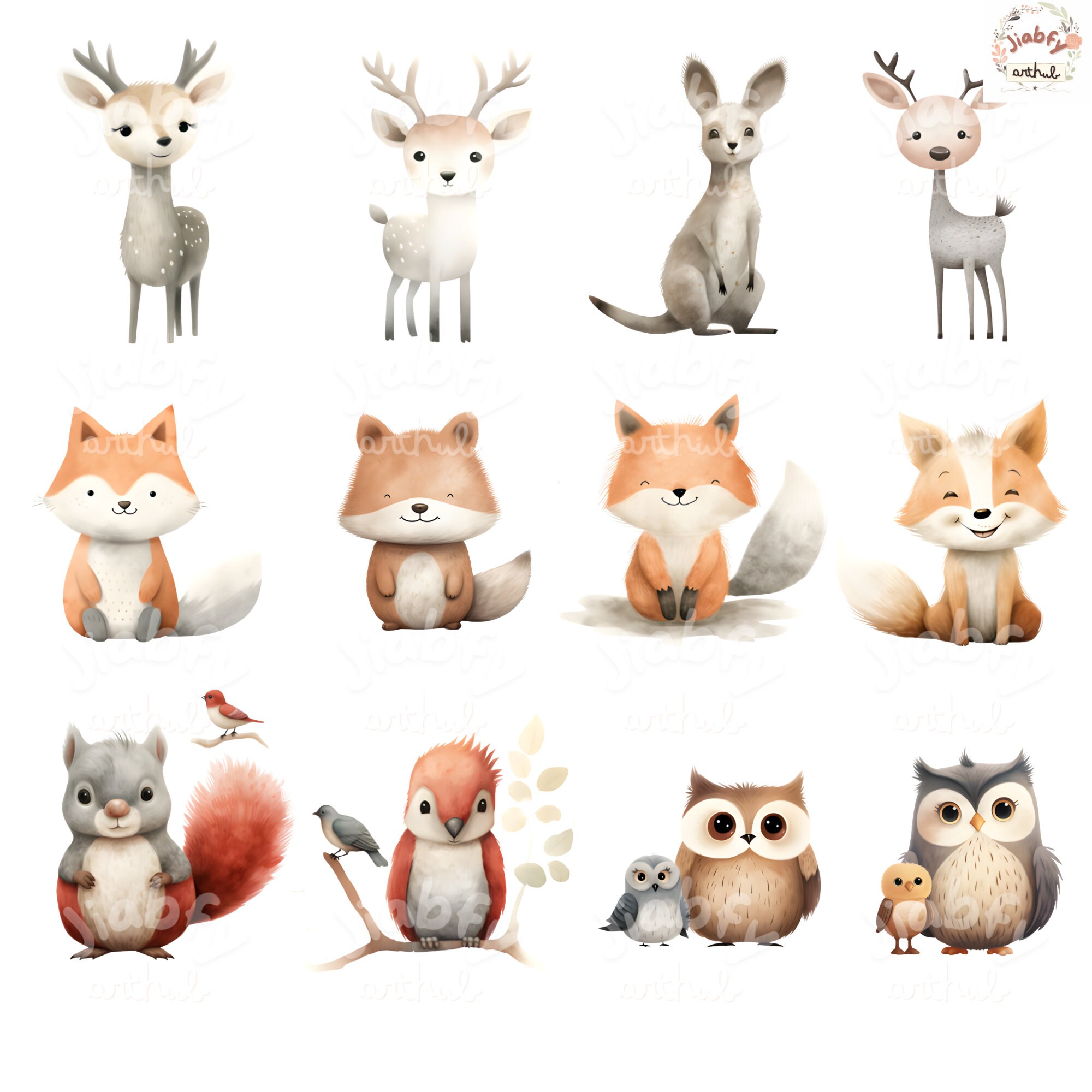 Cute Boho Woodland Animals PNG Clipart Watercolor Bundle, Transparent ...