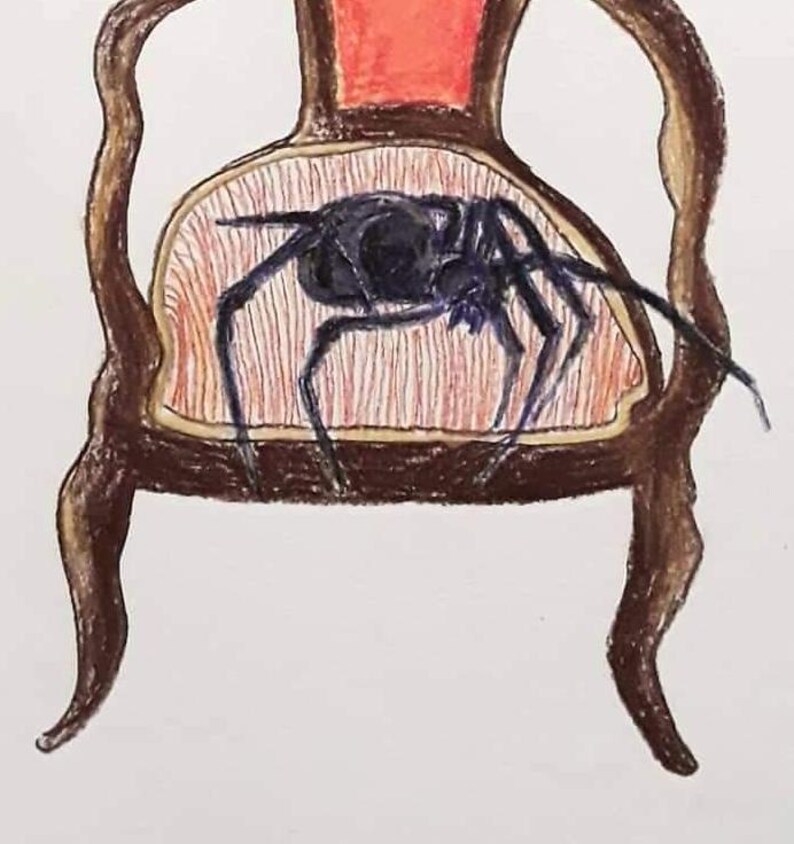 Original Art Spooky Black Widow on Antique Harp Chair Drawing by Sheri ...