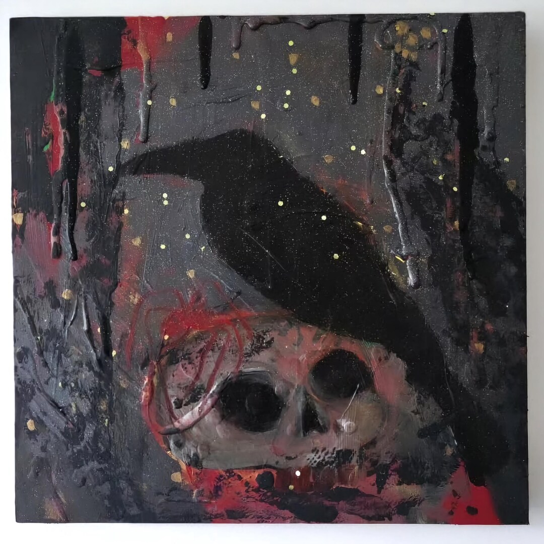 Raven With Skull in the Spooky Forest, Mixed Media Painting by Sheri ...