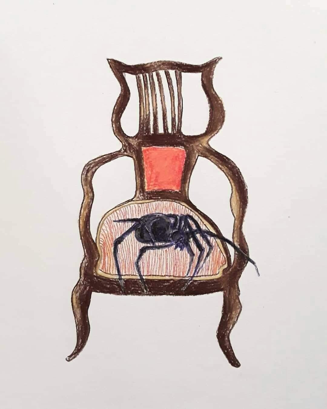 Original Art Spooky Black Widow on Antique Harp Chair Drawing by Sheri ...