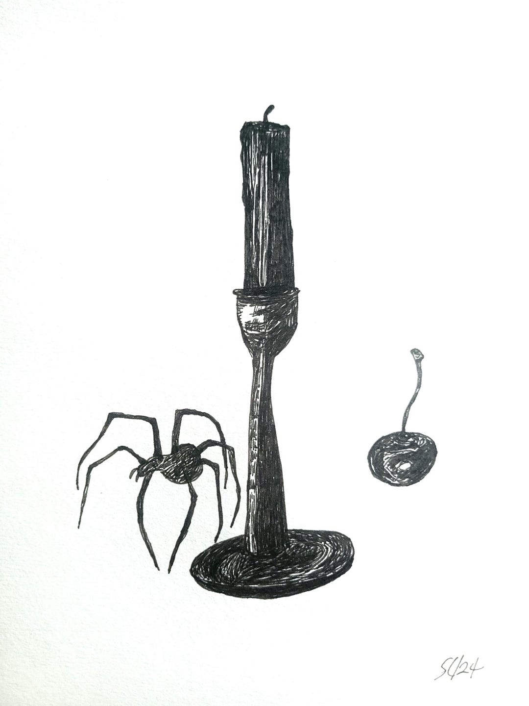 Original Art Candlestick, Spider and Cherry, Ink Drawing by Sheri ...