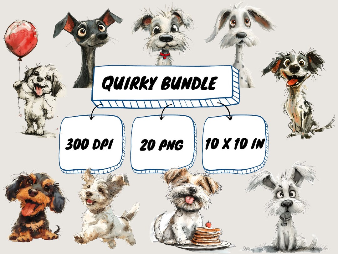 Quirky Dog Clipart PNG Bundle Whimsical Dogs Sublimation Clip Art ...