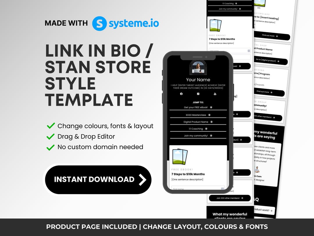 Stan Store Template, Systeme.io Link in Bio Template, Black Mobile Website, Linktree Website for ...