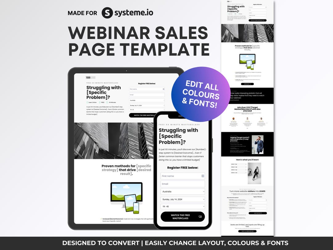 Webinar Funnel, Systeme.io Template for Webinar, Masterclass Sales Page ...