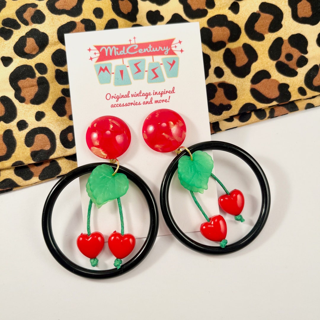1950s Style Cherry Earrings 50s Hoops Rockabilly Pinup Fifties Retro Cherries - Etsy
