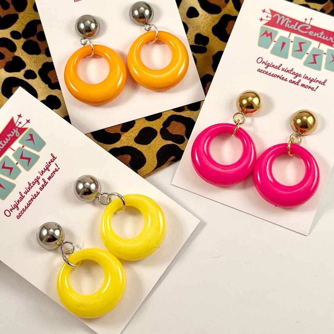 1950s Style Hoop Earrings Dangle Candy Colours Hot Pink Yellow Orange ...