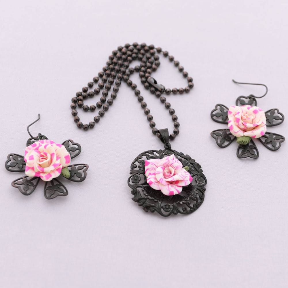 Rose Necklace Earrings Set Striped Roses Jewelry Set | Etsy