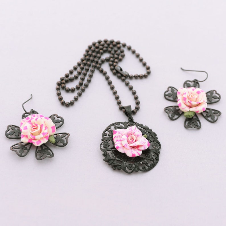 Rose Necklace Earrings Set Striped Roses Jewelry Set | Etsy