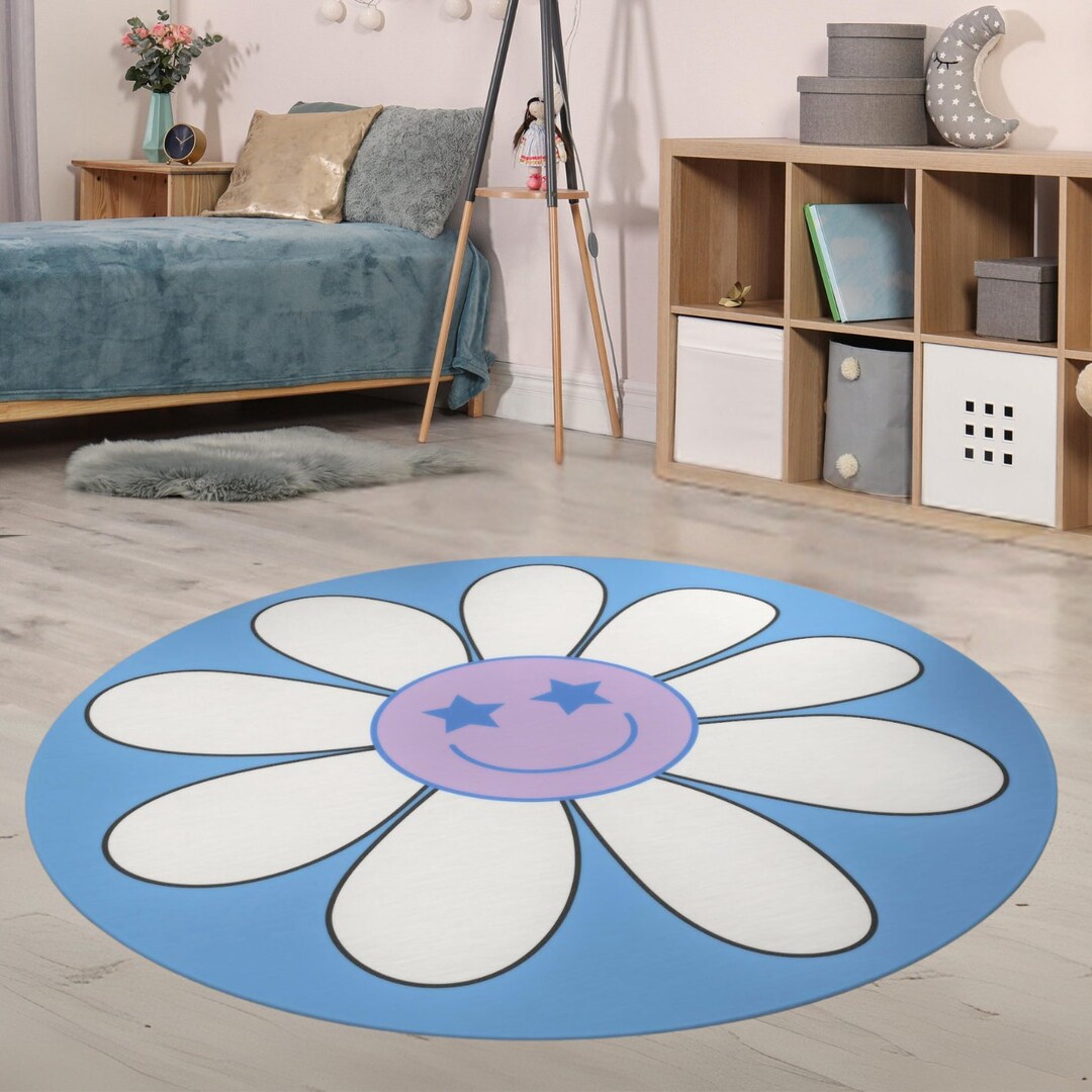 Purple & Blue Preppy Smiley Face Daisy Rug Dopamine Decor Eclectic ...