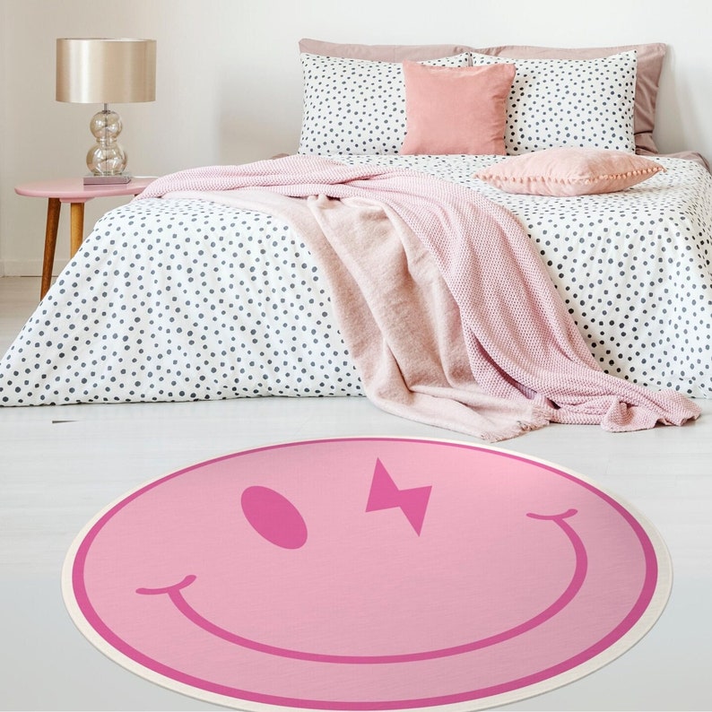 Pink Preppy Smiley Face Rug Lightning Bolt Dopamine Decor Eclectic ...