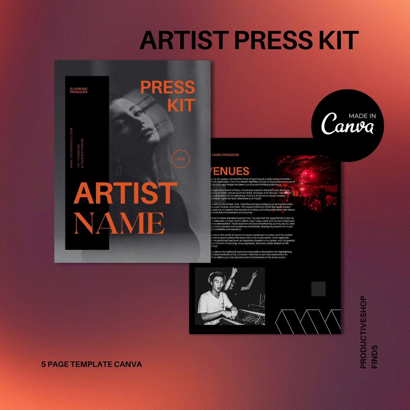 Artist Press Kit / Dj Media Manager Package / Canva Template / 5 Page Template Rider Included - Etsy