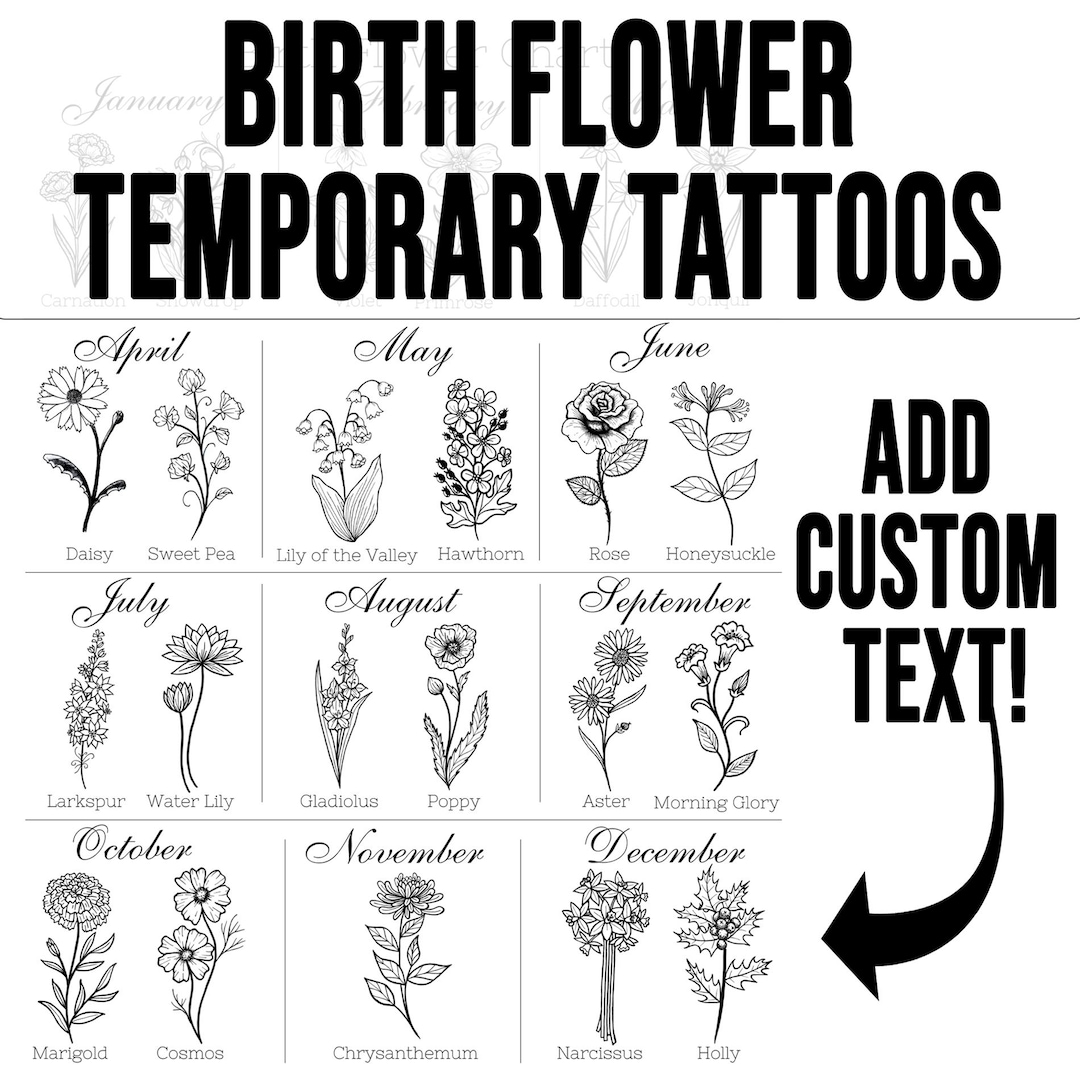 Birth Flower Temporary Tattoos Add Text Personalize Custom Customizable ...