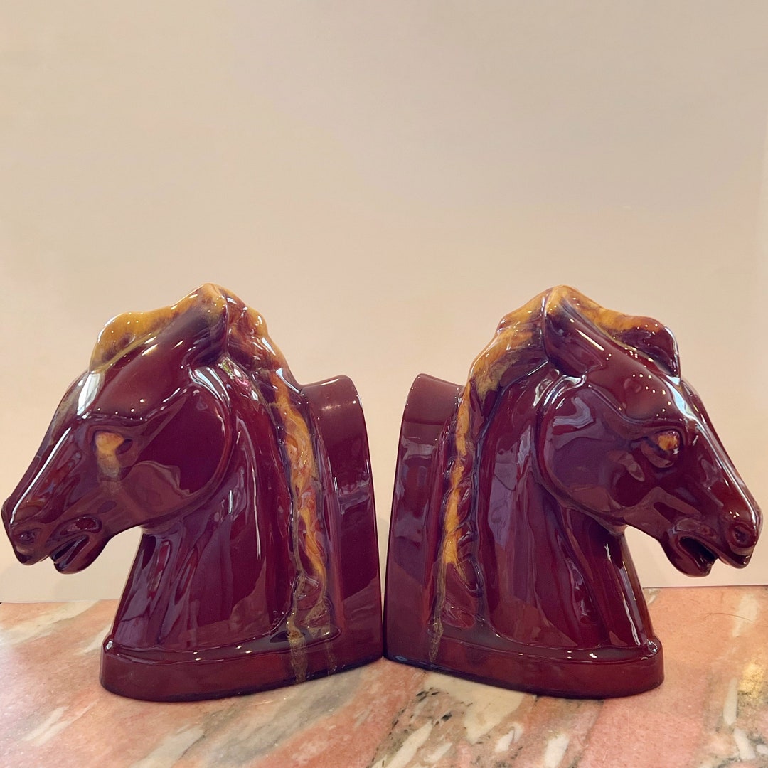 Blue Mountain Pottery Horse Head Bookends Harvest Gold Drip Glaze ...
