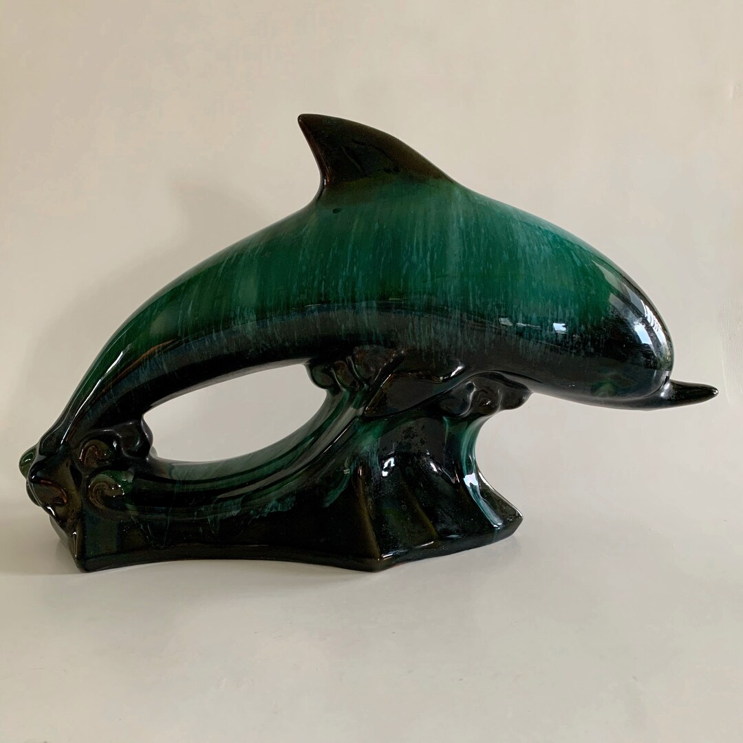 Blue Mountain Pottery Large Dolphin Riding Waves Green Flow Glaze ...
