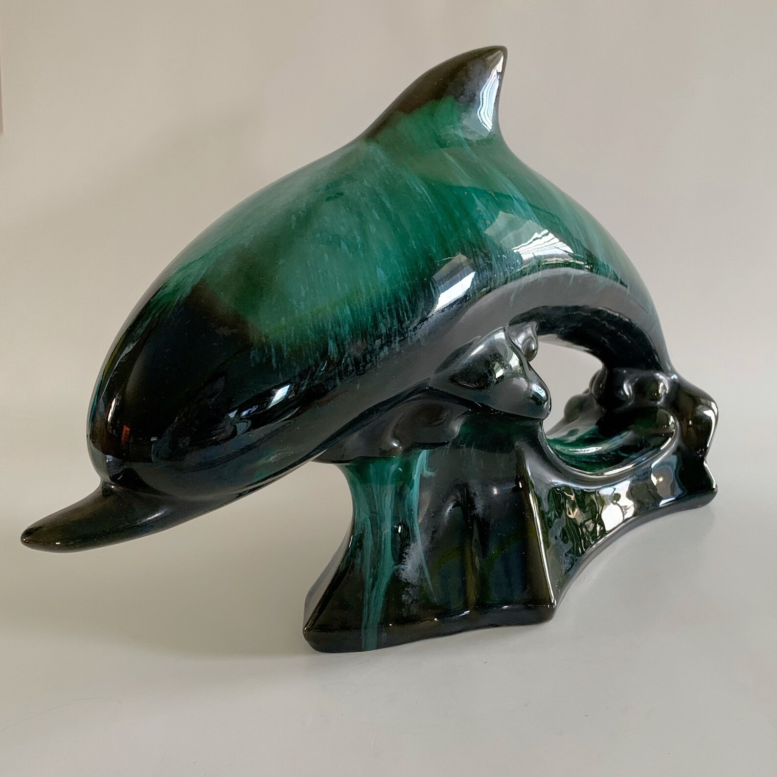 Blue Mountain Pottery Large Dolphin Riding Waves Green Flow Glaze ...