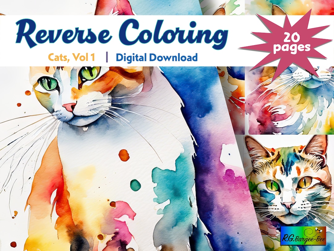 20 Reverse Coloring Pages - 'cat Portraits' Instant Download Bundle Vol ...