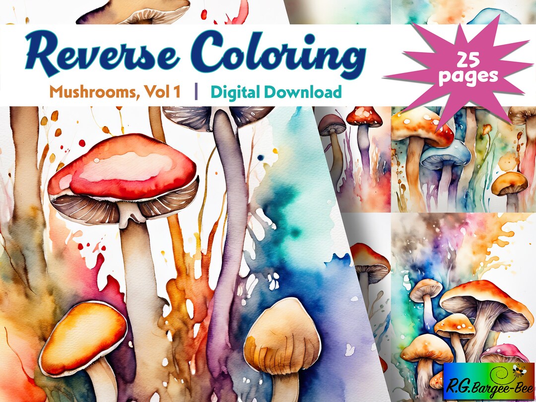 25 Reverse Coloring Pages - 'mushrooms' Instant Download Bundle Vol.1 ...