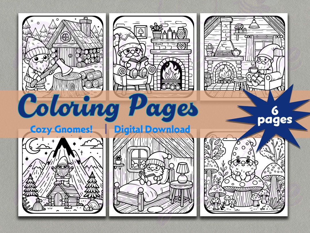 6 Coloring Pages - Cozy Gnomes - Coloring Pages for Relaxation, Perfect ...