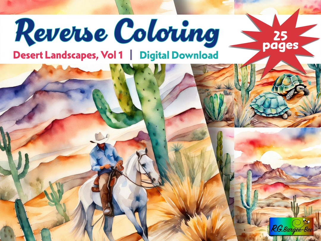 Reverse Coloring Pages 'desert Landscapes' Instant Download Bundle Vol ...