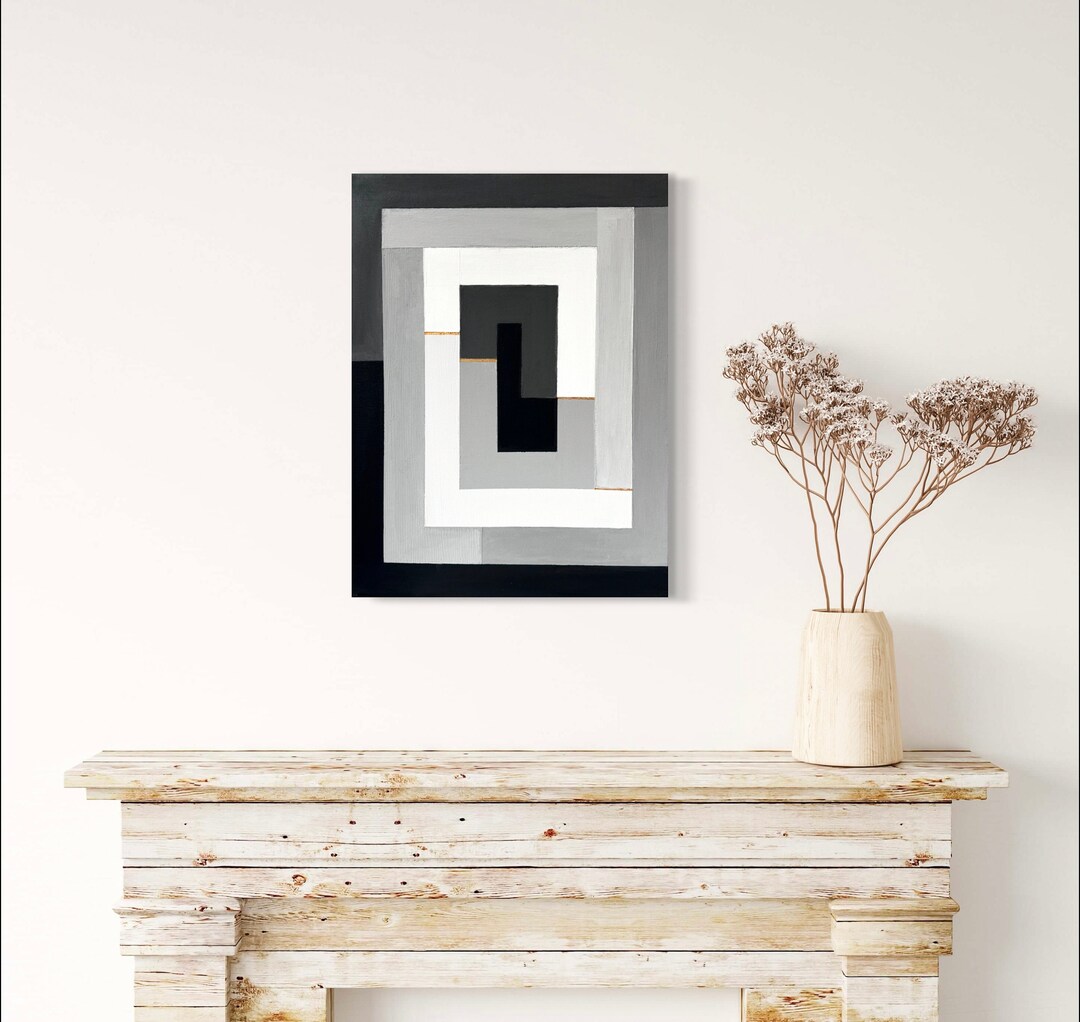 Geometry of Gray (2024) 40x30 Cm Handmade Painting Interior Black Green Gold Acrylic Art on ...
