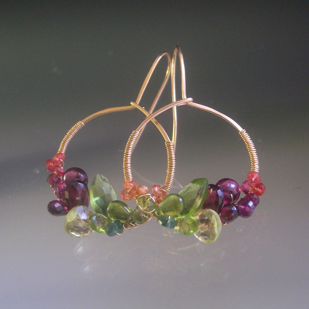 Artisan Handmade Multi Gemstone Hoops, 14k Gold Filled Peridot Garnet Sapphire Hoop Earrings ...