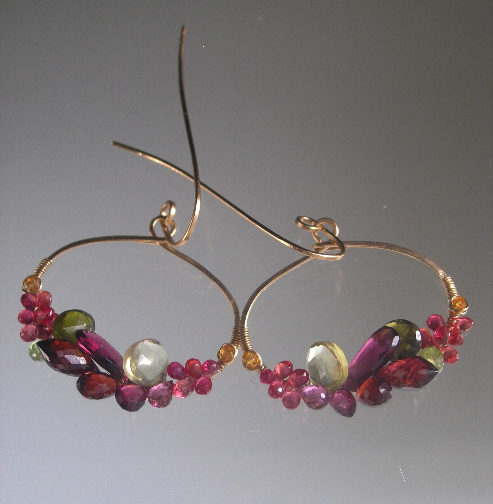 Sapphire Gold Hoops Red Orange Multi Gemstone Earrings Garnet 14k Gold Filled Oval Hoops Front ...