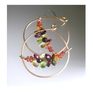 Teardrop Multi Gemstone Hoop Earrings 14K Gold Filled Gemstone Encrusted Arcs Garnet Sapphire ...