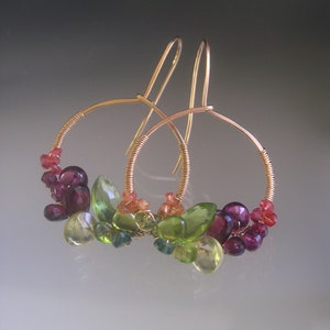 Artisan Handmade Multi Gemstone Hoops, 14k Gold Filled Peridot Garnet Sapphire Hoop Earrings ...