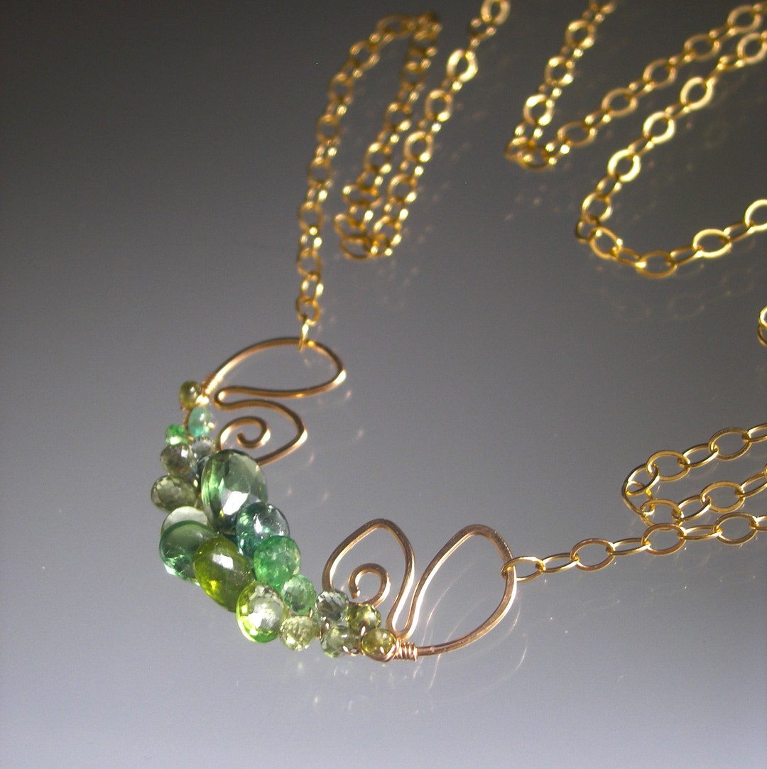 Multi Green Gemstone Necklace 14k Gold Fill Sculptural Lotus Gemstone ...