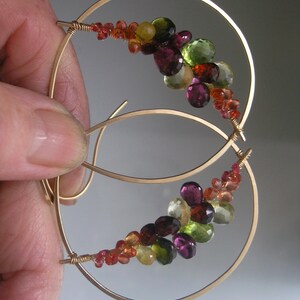 Teardrop Multi Gemstone Hoop Earrings 14K Gold Filled Gemstone Encrusted Arcs Garnet Sapphire ...