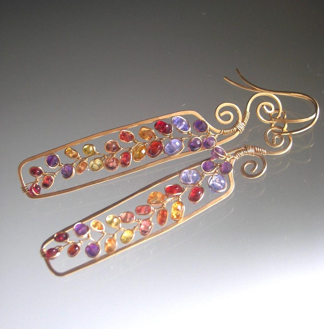 Long Rectangular Gemstone Earrings 14k Gold Filled W/ Vines of Purple ...