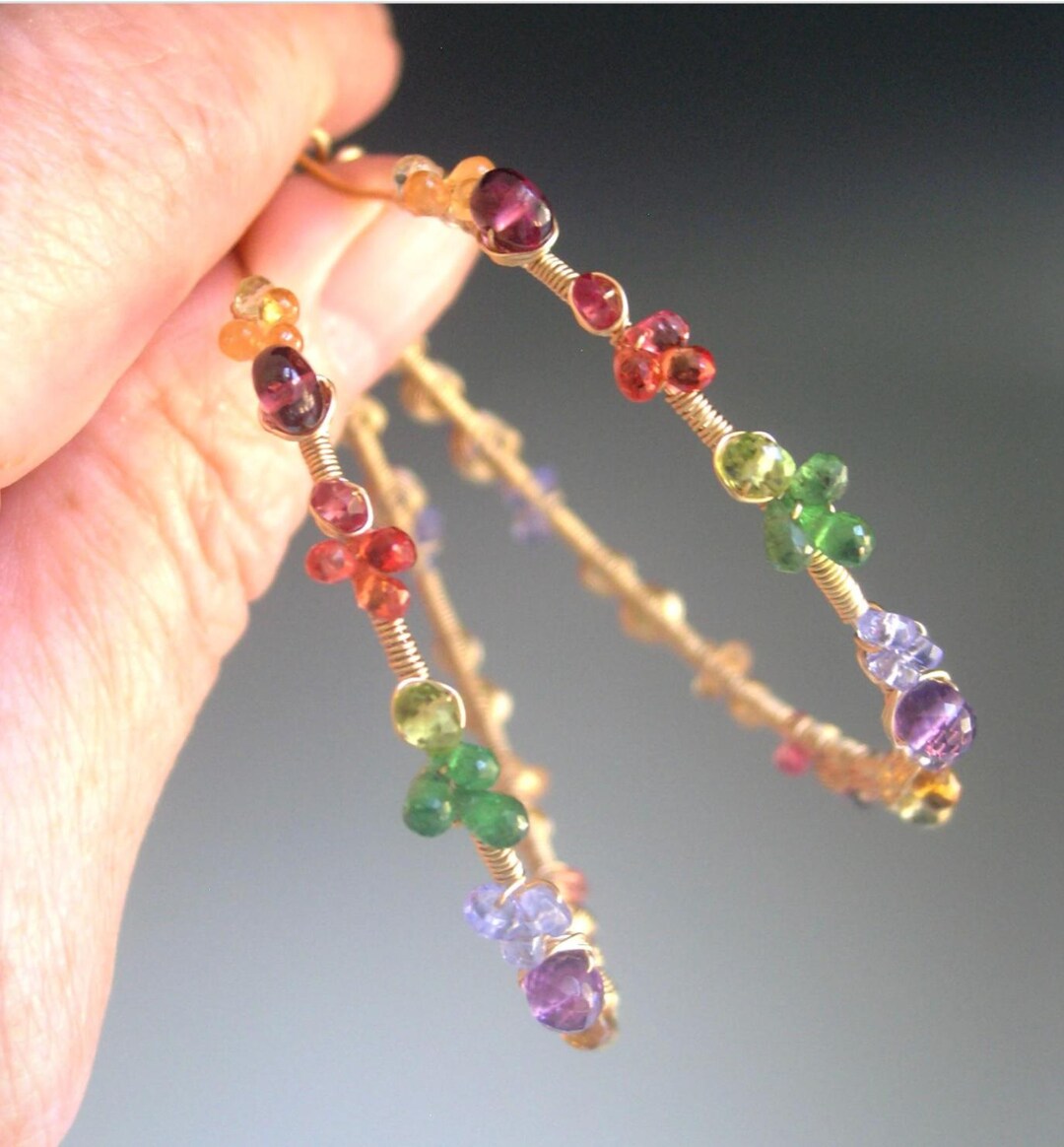 Rainbow Hoops Multi Gemstone 14k Gold Filled Hoop Earrings 2 1/8” - Etsy