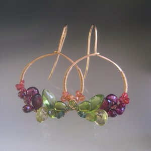 Artisan Handmade Multi Gemstone Hoops, 14k Gold Filled Peridot Garnet Sapphire Hoop Earrings ...