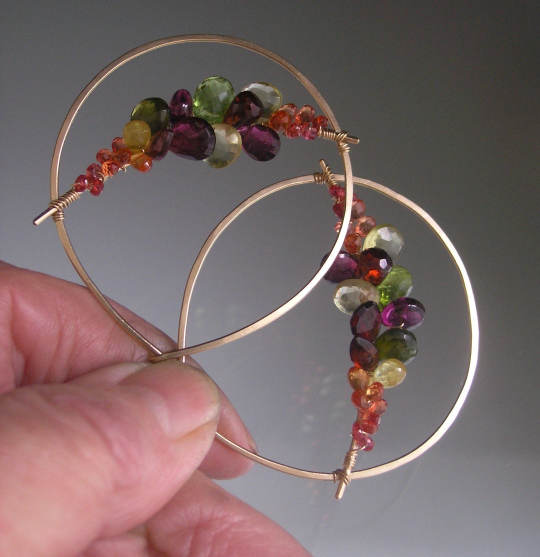 Teardrop Multi Gemstone Hoop Earrings 14K Gold Filled Gemstone Encrusted Arcs Garnet Sapphire ...