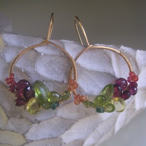 Artisan Handmade Multi Gemstone Hoops, 14k Gold Filled Peridot Garnet Sapphire Hoop Earrings ...