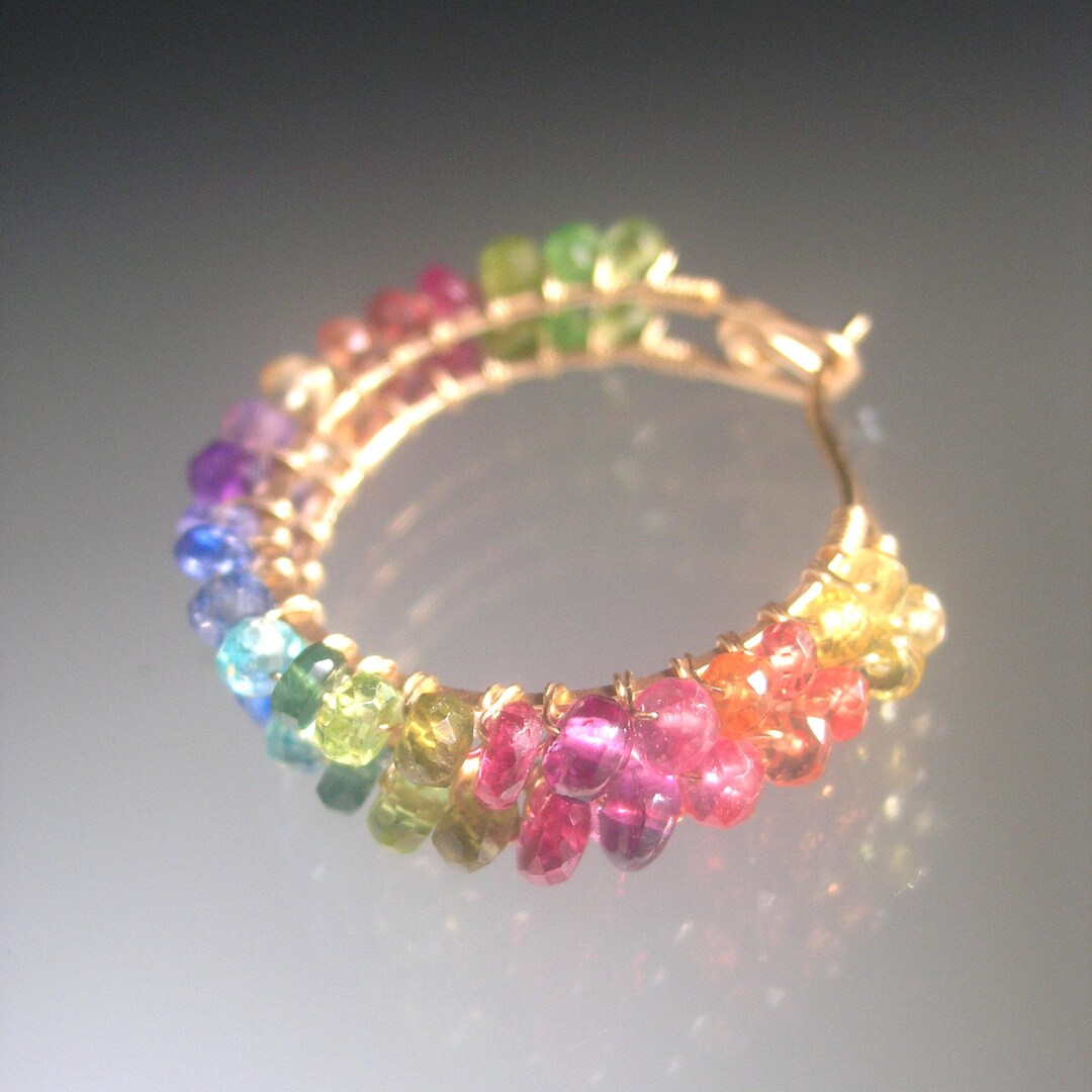 Rainbow Multi Gemstone Hoops Small 14k Gold Filled Hoop Earrings 1 1/8 ...