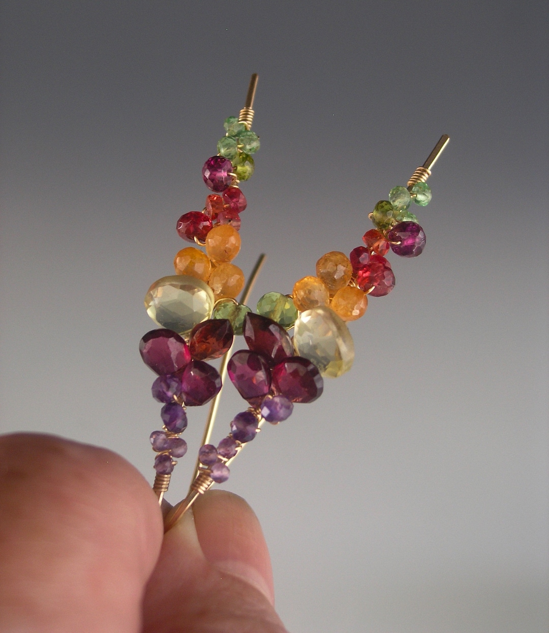 Mixed Gemstone Earrings Gold Filled Stem Linear Earrings Garnet Spinel ...