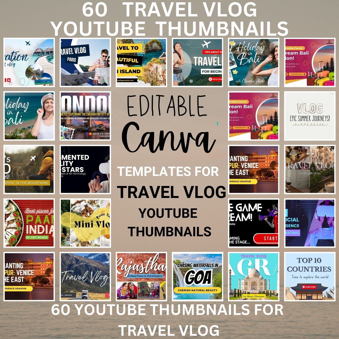 Travel Vlog Youtube Thumbnails: 60 Canva Templates, 100 PNG Images ...