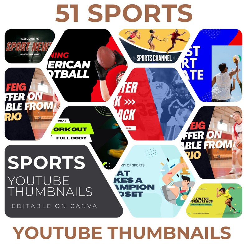 Sports Youtube Thumbnails: 51 Canva Templates + 100 PNG Images (digital ...