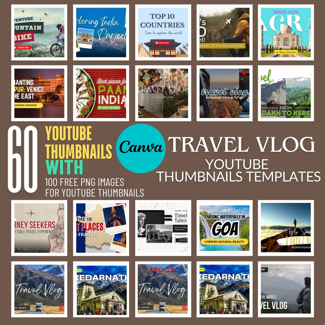 Travel Vlog Youtube Thumbnails: 60 Canva Templates, 100 PNG Images ...