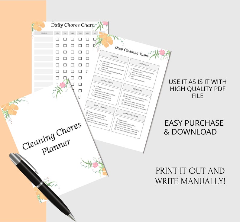 Ivory Florals Cleaning Chores Planners, Weekly Chores Planners, Daily ...
