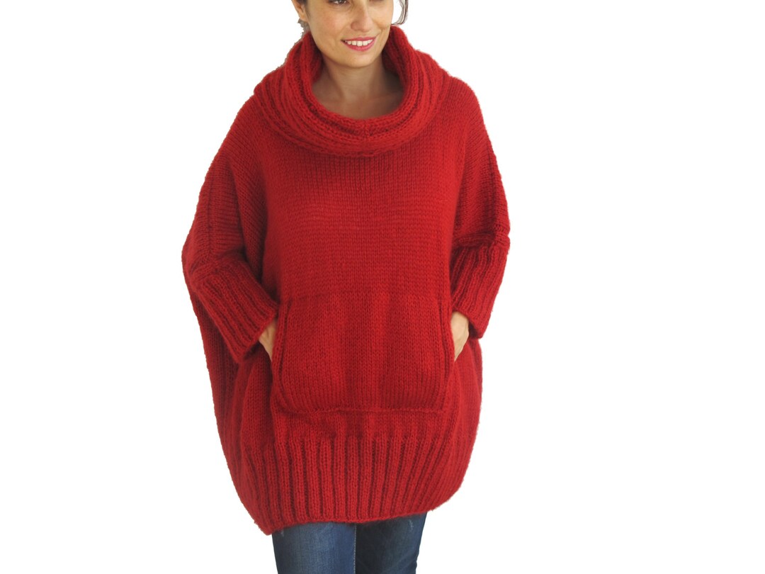 Red Hand Knitted Sweater With Accordion Hood and Pocket Plus Size Over ...