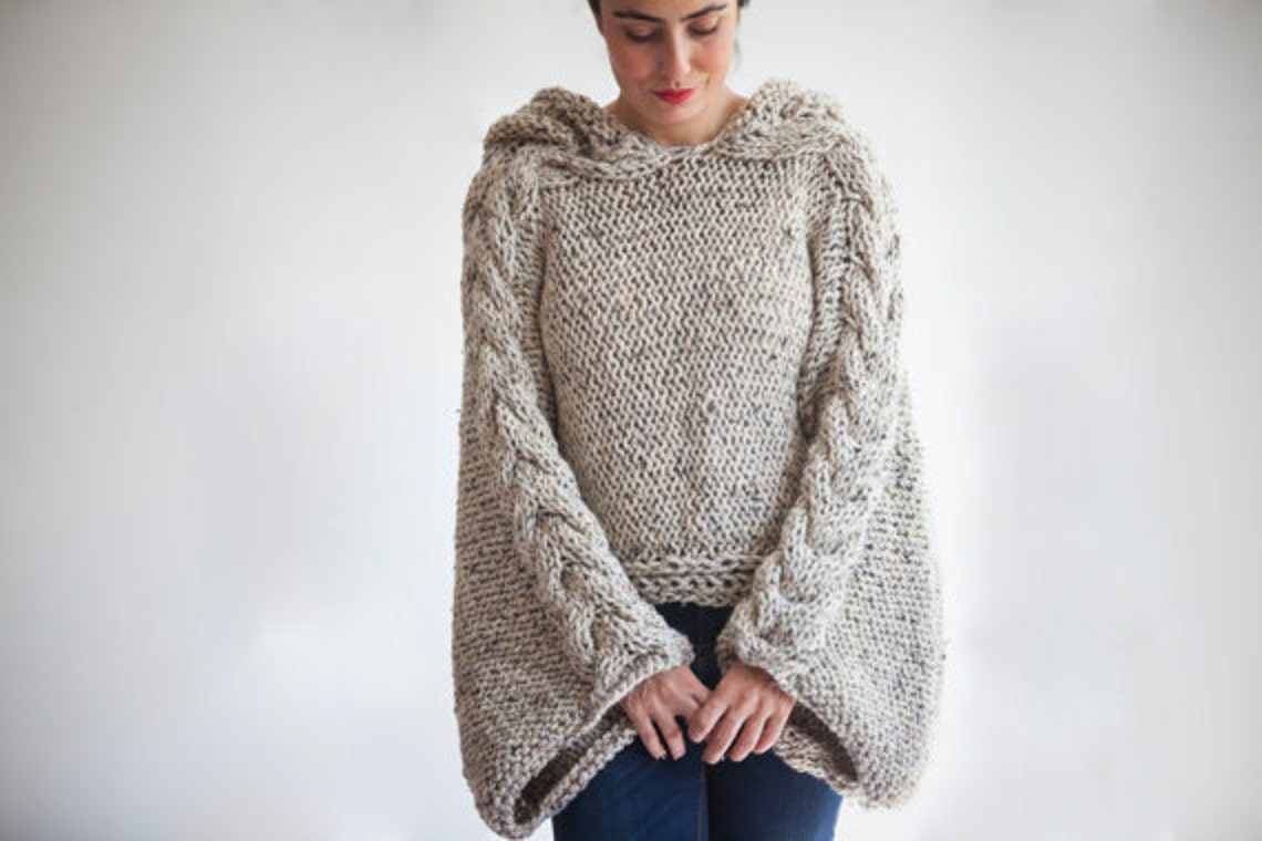 Tweed Beige Angel Sweater Capalet With Hoodie - Over Size Plus Size ...