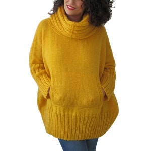 Yellow Hand Knitted Sweater, Accordion Hood, Plus Size Jumper, Over ...